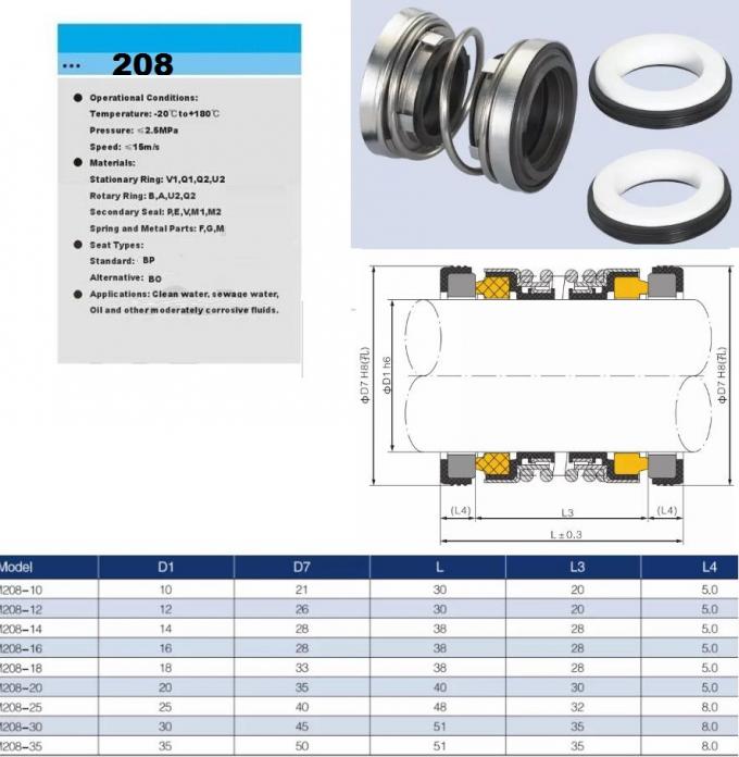 6m/Sec Type 208 Industrial Mechanical Seals Double Acting Mechanical Seal