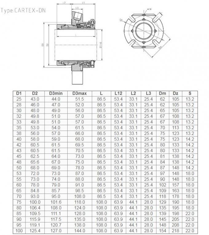 Multiple spring Cartex DN Cartridge Mechanical Seals Pressure 20bar